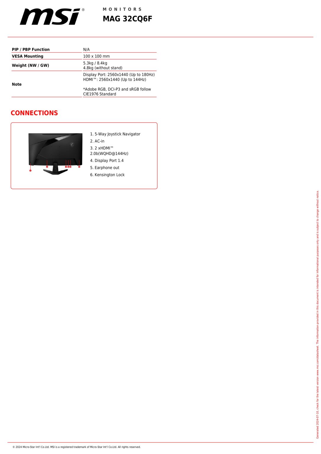 MSI MAG 32CQ6F, 32" 2K (2560x1440) WQHD 180Hz 0.5ms, VA Curved Gaming ...